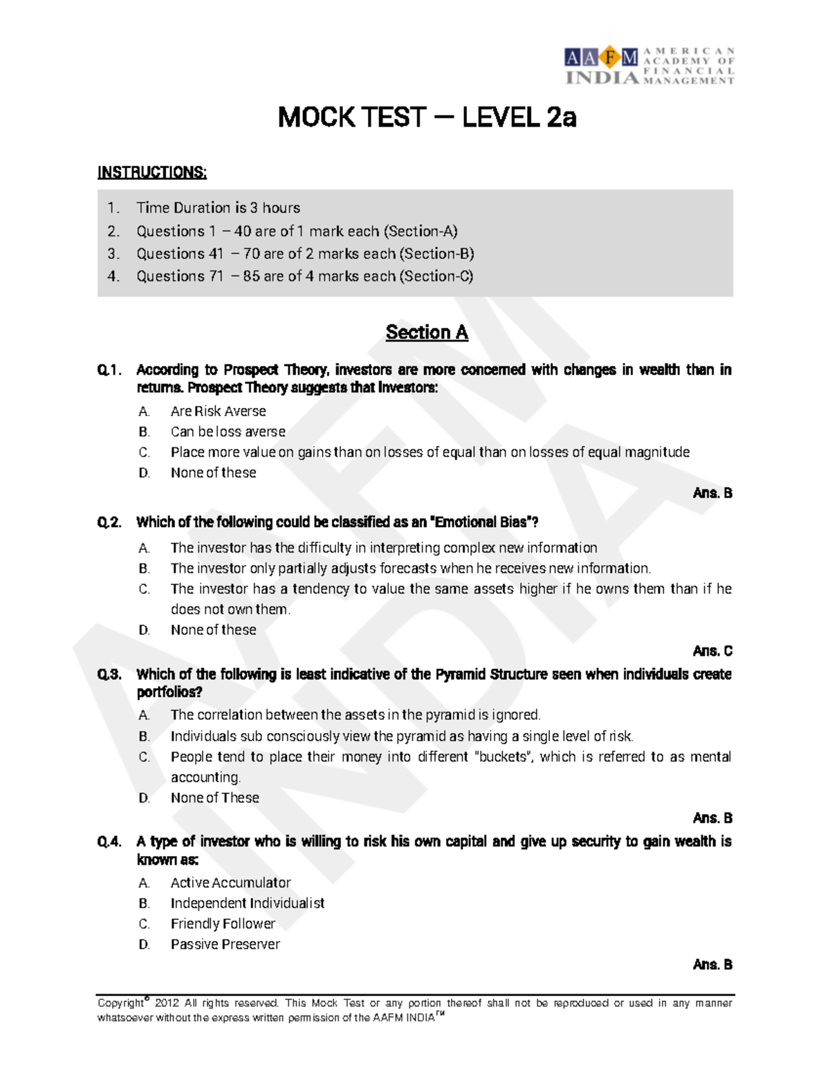 MOCK TEST - Level 2a - Financial Concepts and Strategies - Studocu