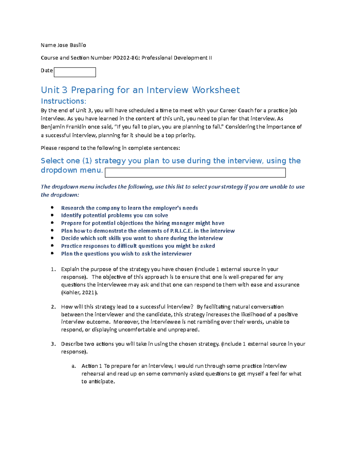 Unit 3 PD202-8G: Interview Preparation Worksheet for Success - Studocu