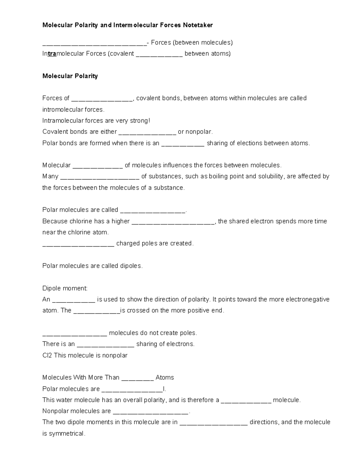Molecular Polarity & Intermolecular Forces Notetaker (Course Code: 2 ...