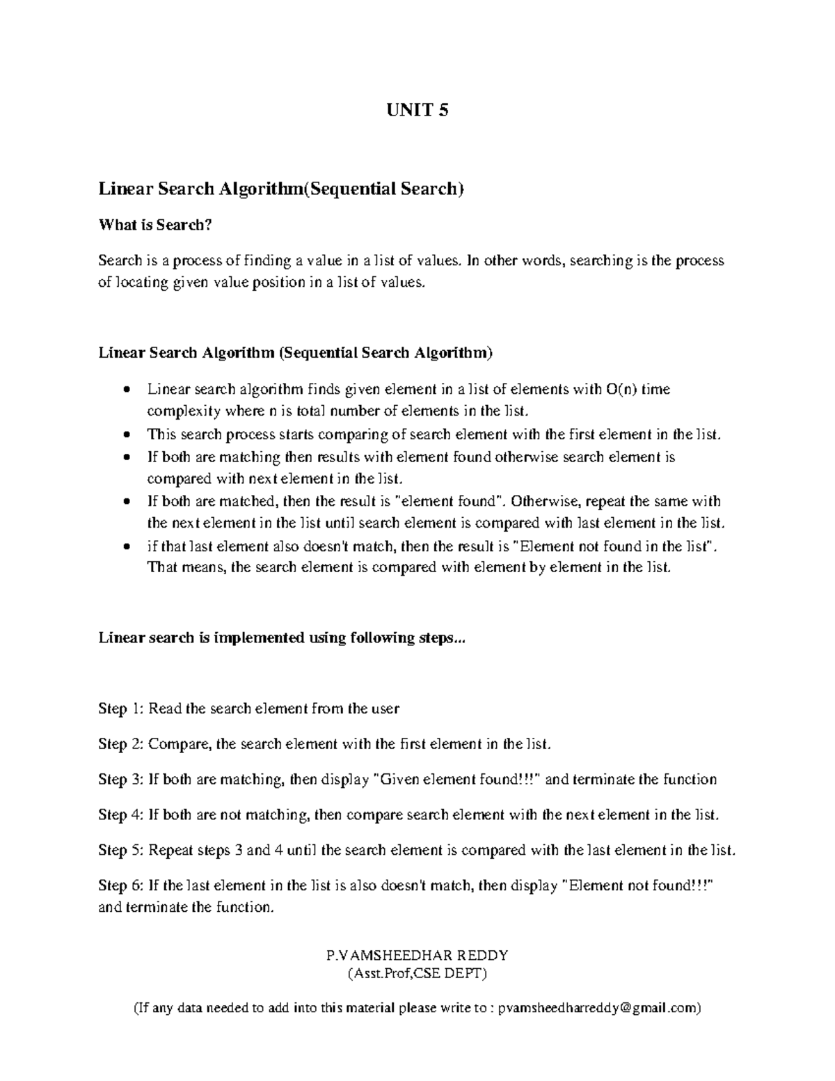 Unit 5 - notes - P REDDY (Asst,CSE DEPT) UNIT 5 Linear Search Algorithm ...