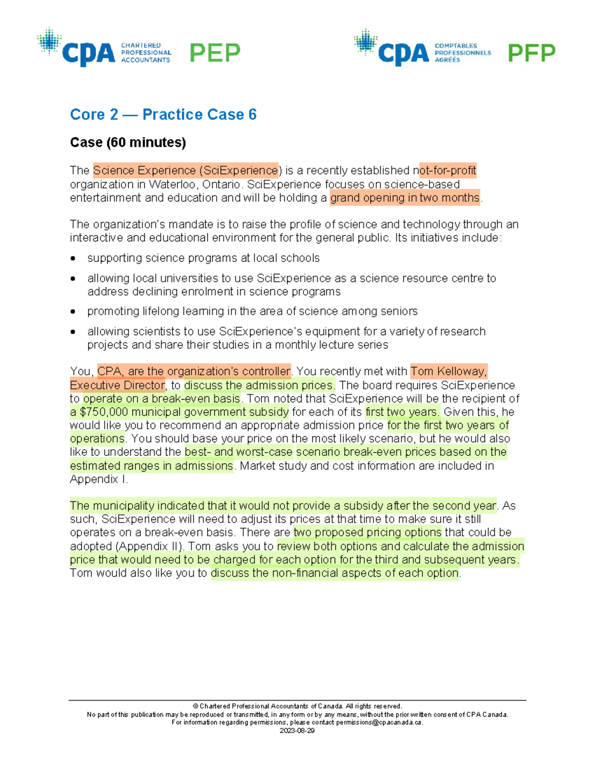 Core 2 Practice Case 6: Pricing Strategies for SciExperience Operations ...