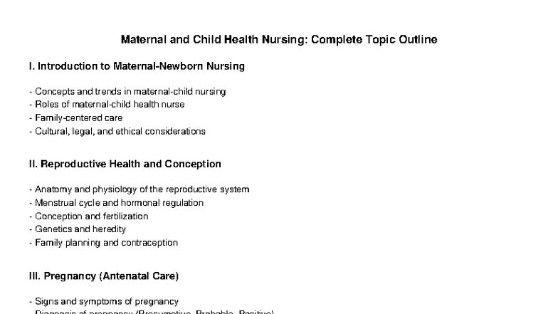 Maternal and Child Health Nursing: Comprehensive Topic Outline - Studocu