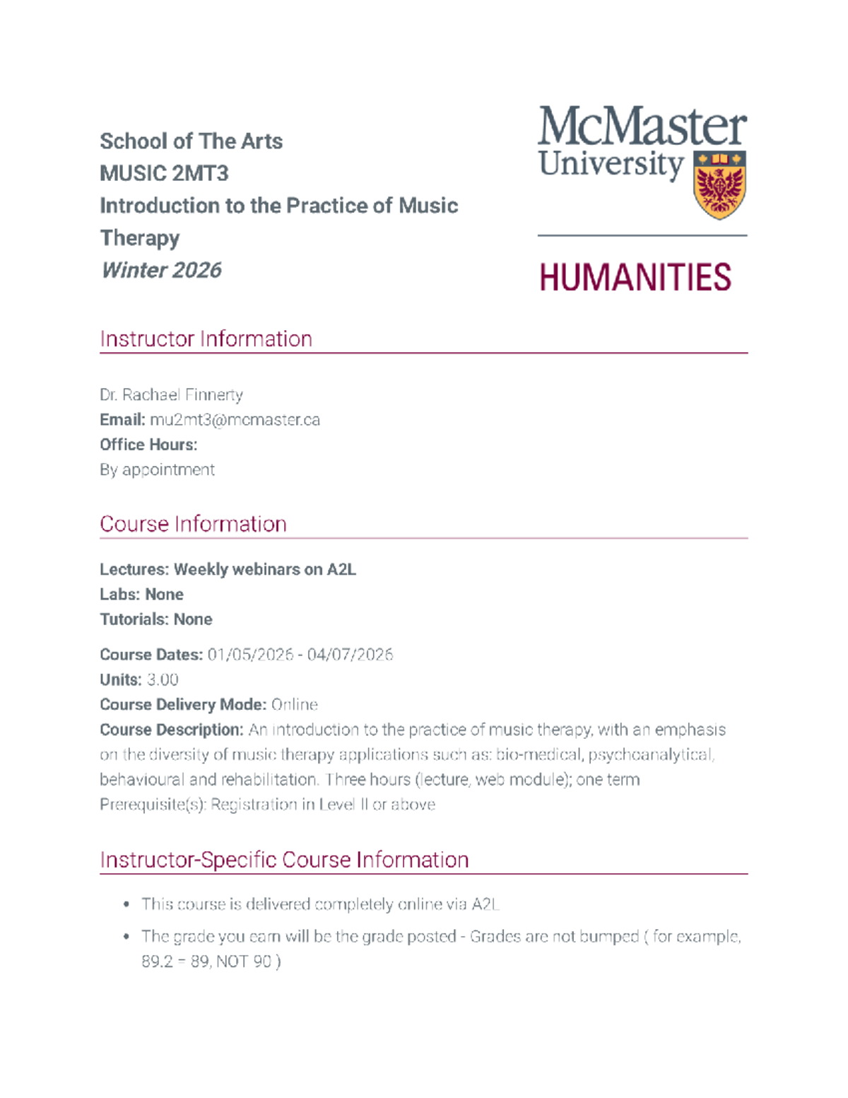 Winter 2026 MUSIC 2MT3: Intro to Music Therapy Course Overview - Studocu