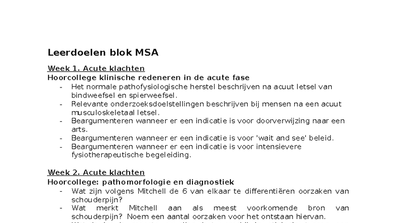 Leerdoelen Blok MSA: Acute en Persisterende Klachten Hoorcolleges ...
