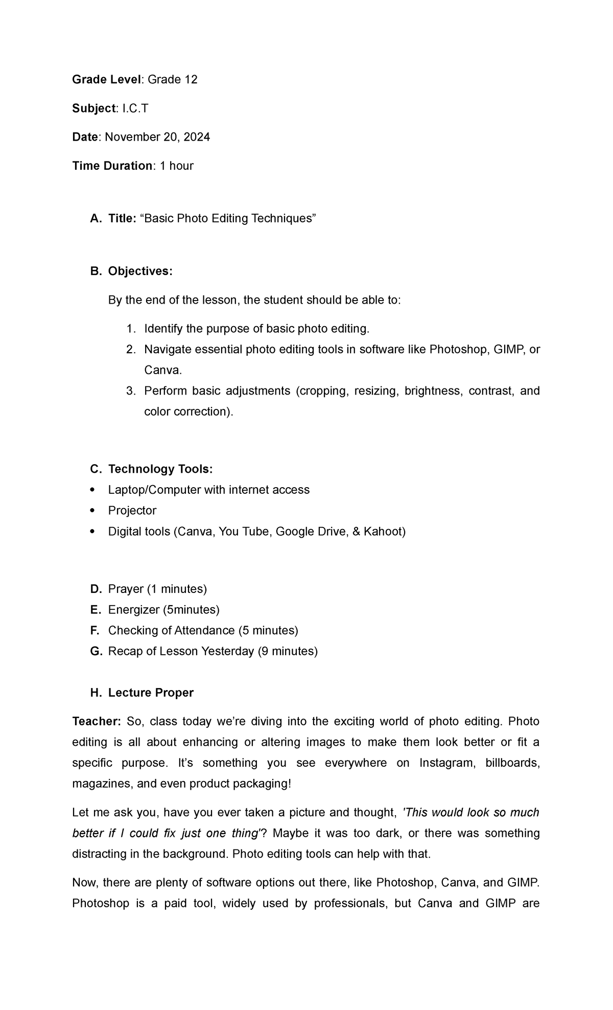 TTL Lesson PLAN 2 - good - Grade Level: Grade 12 Subject: I.C Date ...