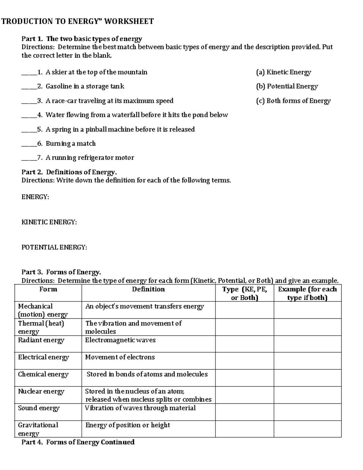Revision Energy Worksheet: Types & Definitions - Studocu