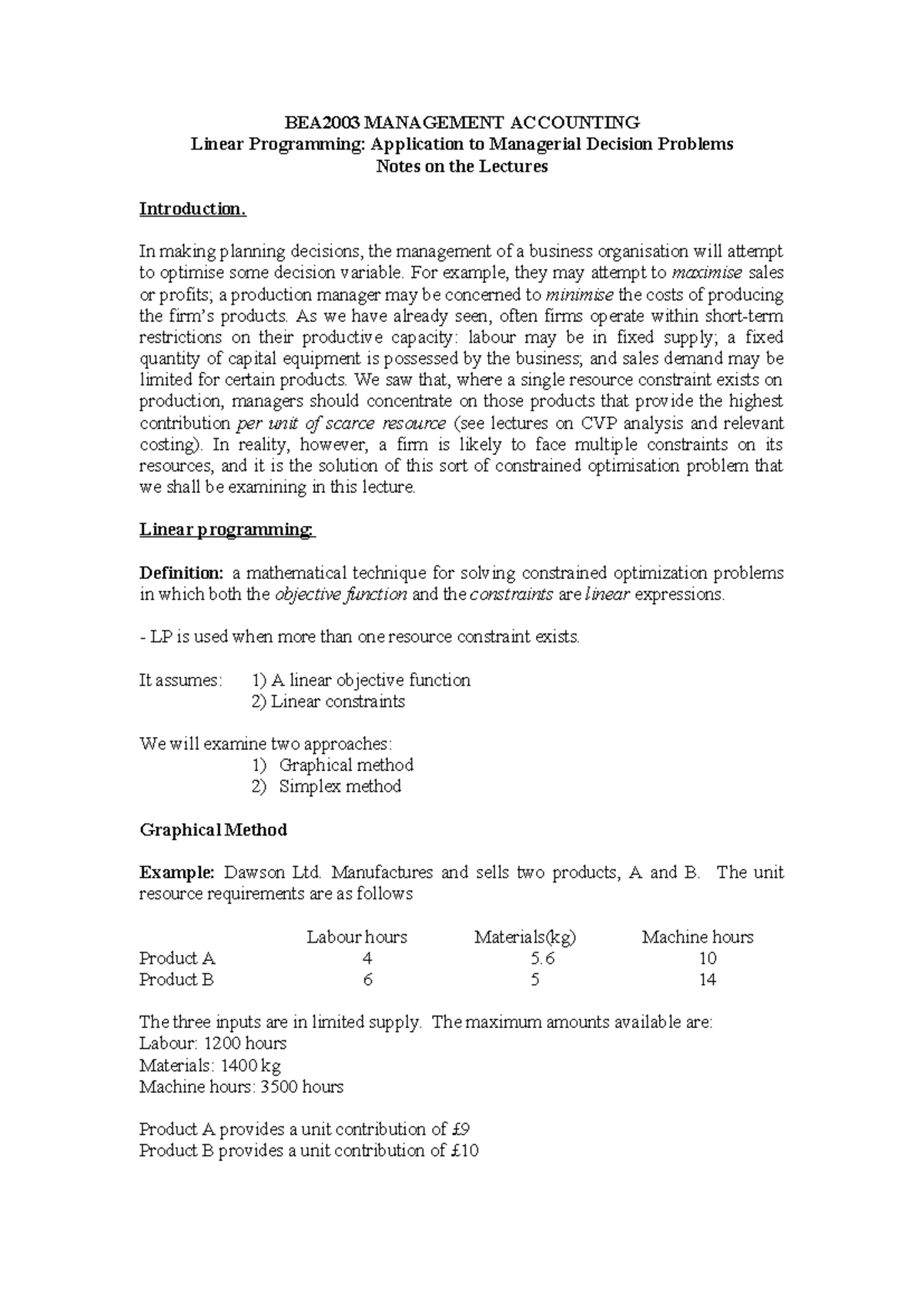 Linear Programming Lecture - BEA2003 MANAGEMENT ACCOUNTING Linear ...