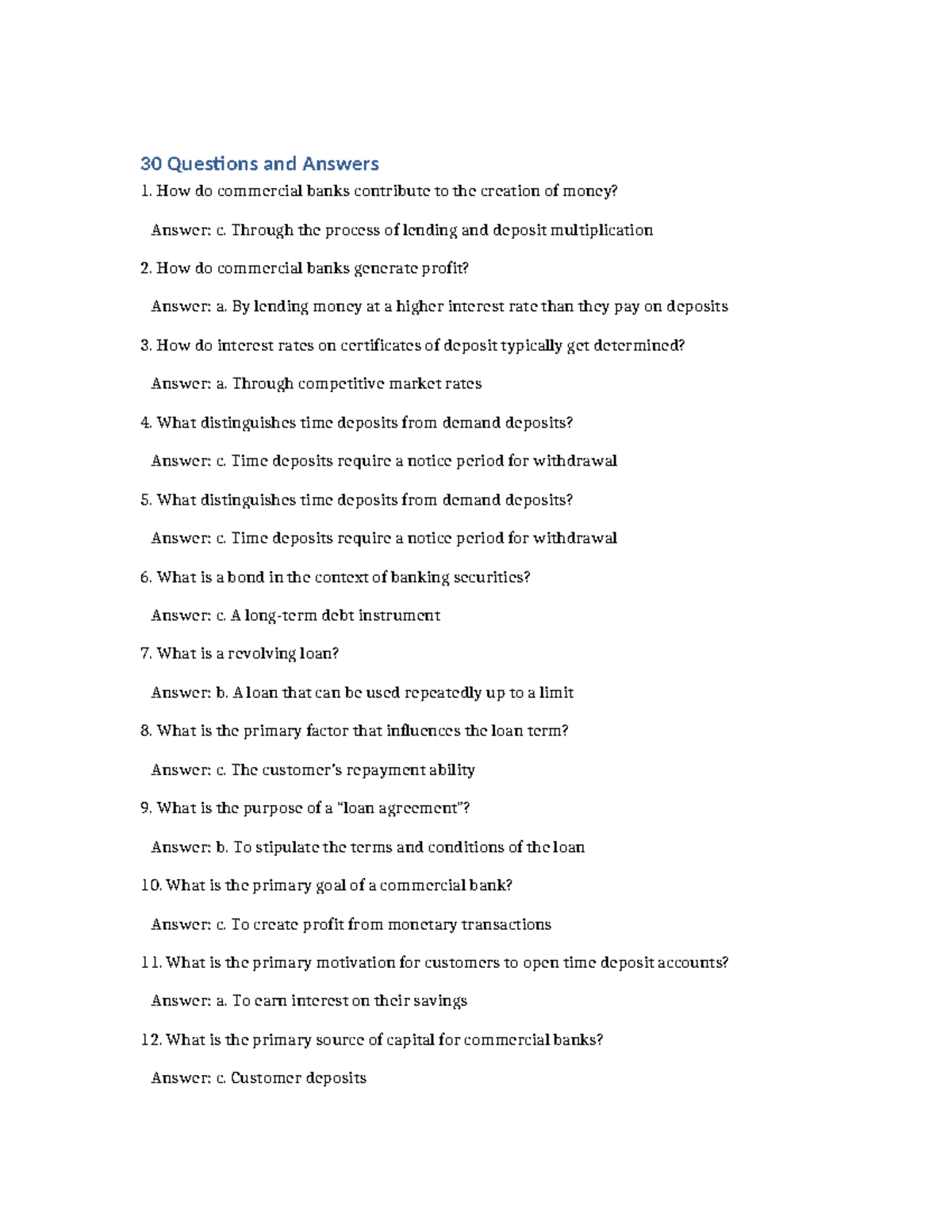 Banking Q&A: 30 Essential Questions for Financial Understanding - Studocu