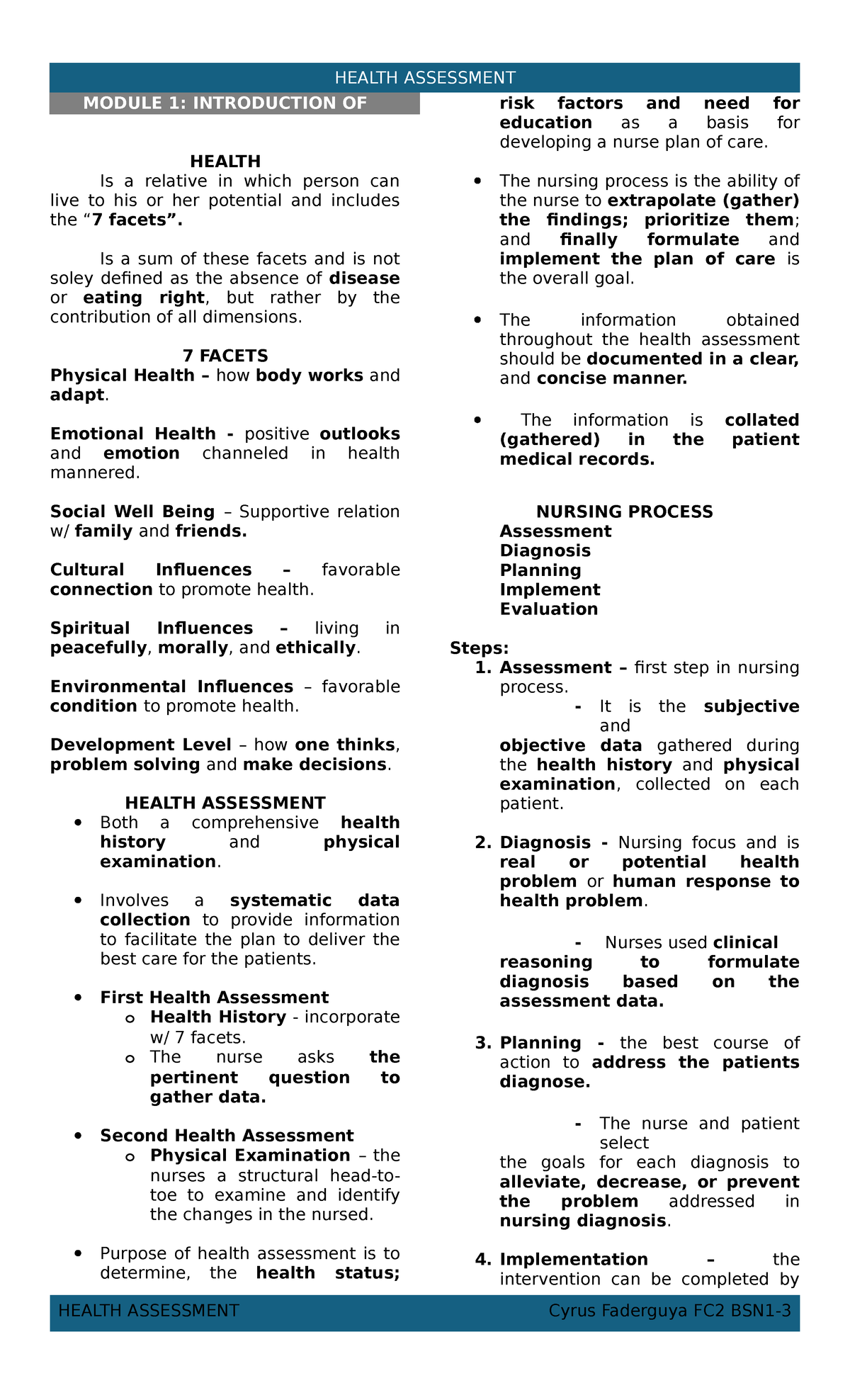 Health Assesment - LECTURE NOTES - MODULE 1: INTRODUCTION OF HEALTH ...