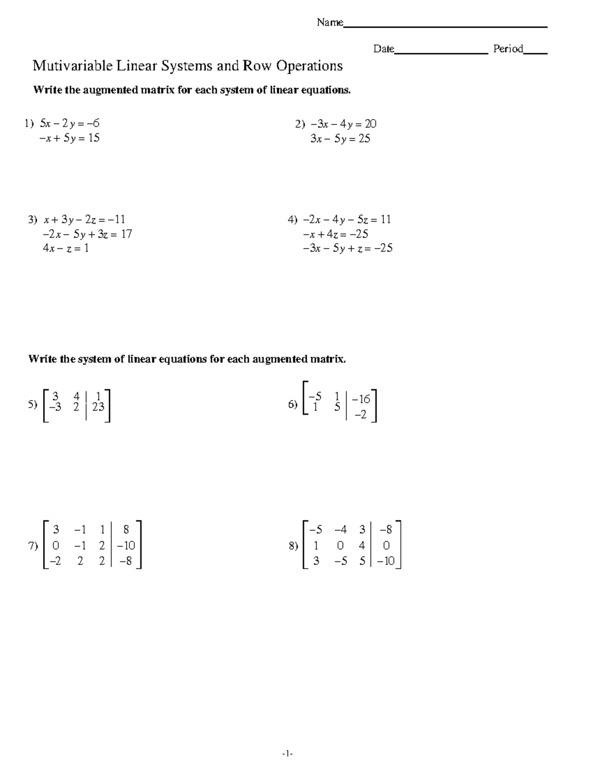 Activity- Matrix 123634 - Name Date Period 1 - Mutivariable Linear ...