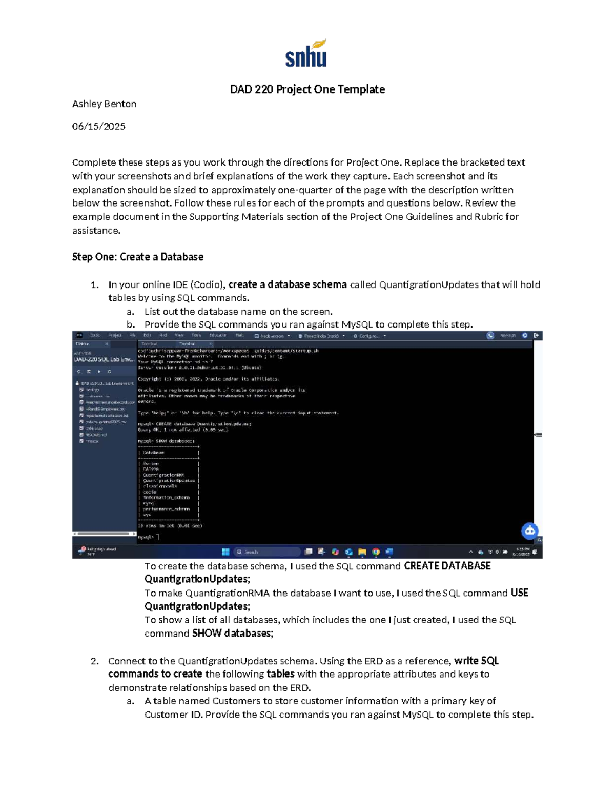 DAD 220 Project One: Database Schema and SQL Commands Guide - Studocu
