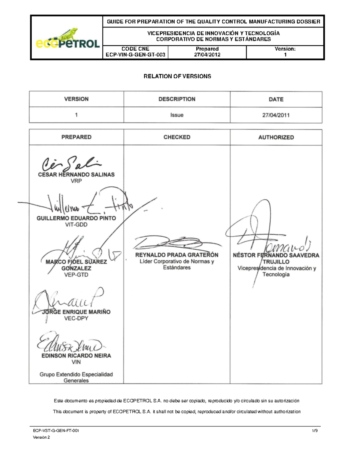 ECP-VIN-G-GEN-GT-003 Guide for Quality Control Manufacturing Dossier ...