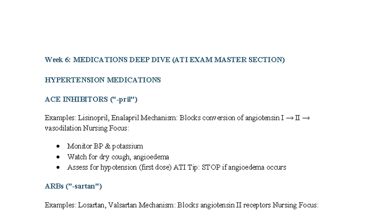 Week 6: Deep Dive into Hypertension Medications (ATI Exam Master) - Studocu
