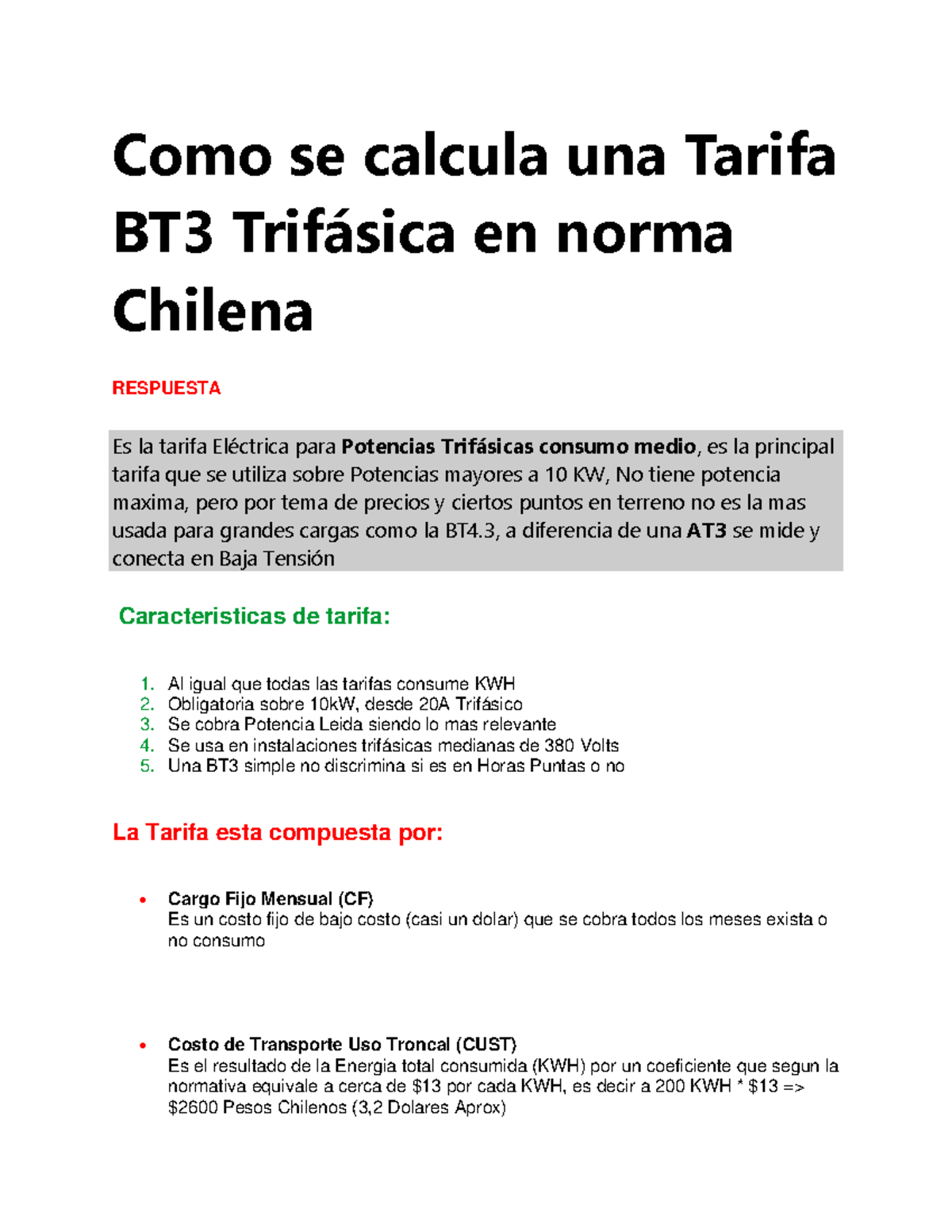 Cálculo de Tarifa BT3 Trifásica según Normativa Chilena - Studocu