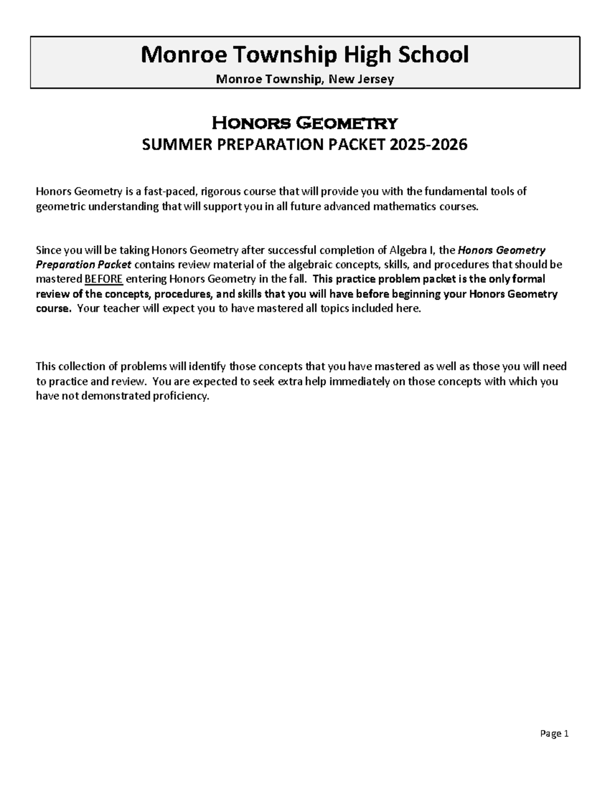 Honors Geometry Summer Prep Packet 2025-2026 - Studocu