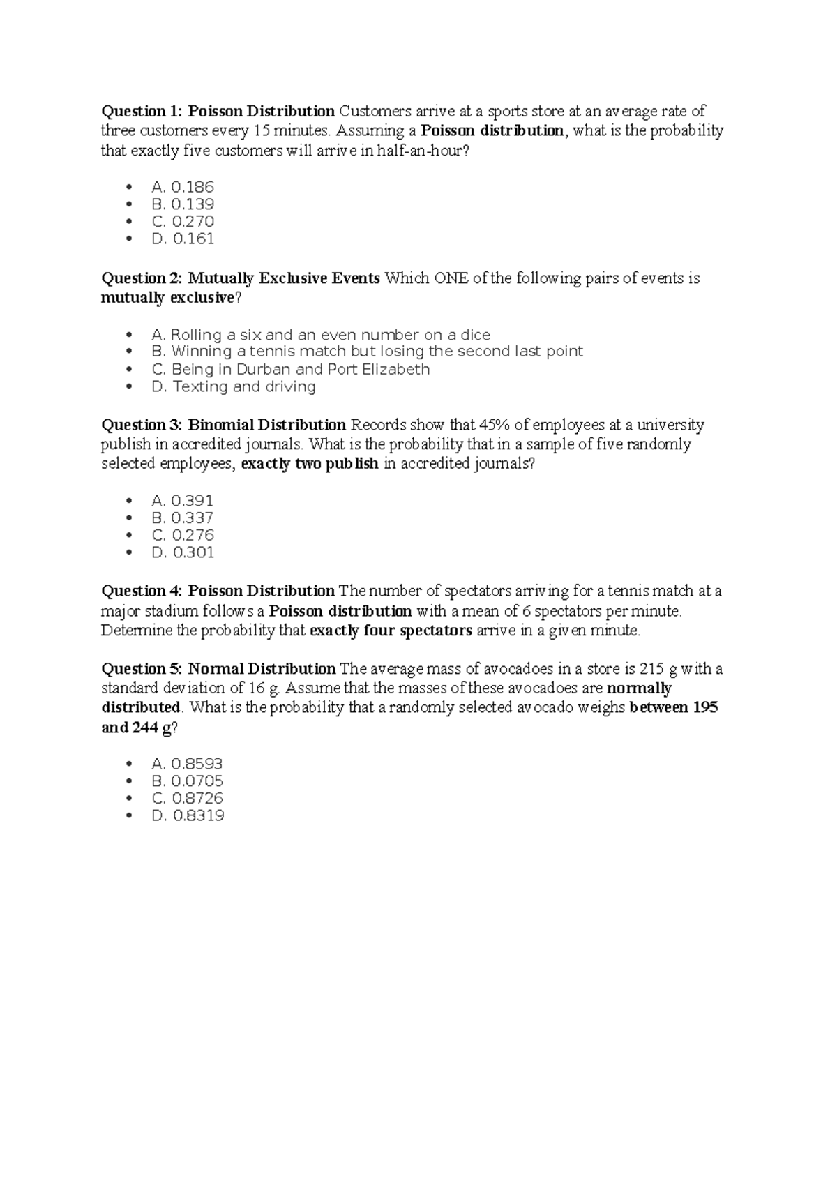 Stats Questions: Poisson, Binomial & Normal Distributions - Studocu