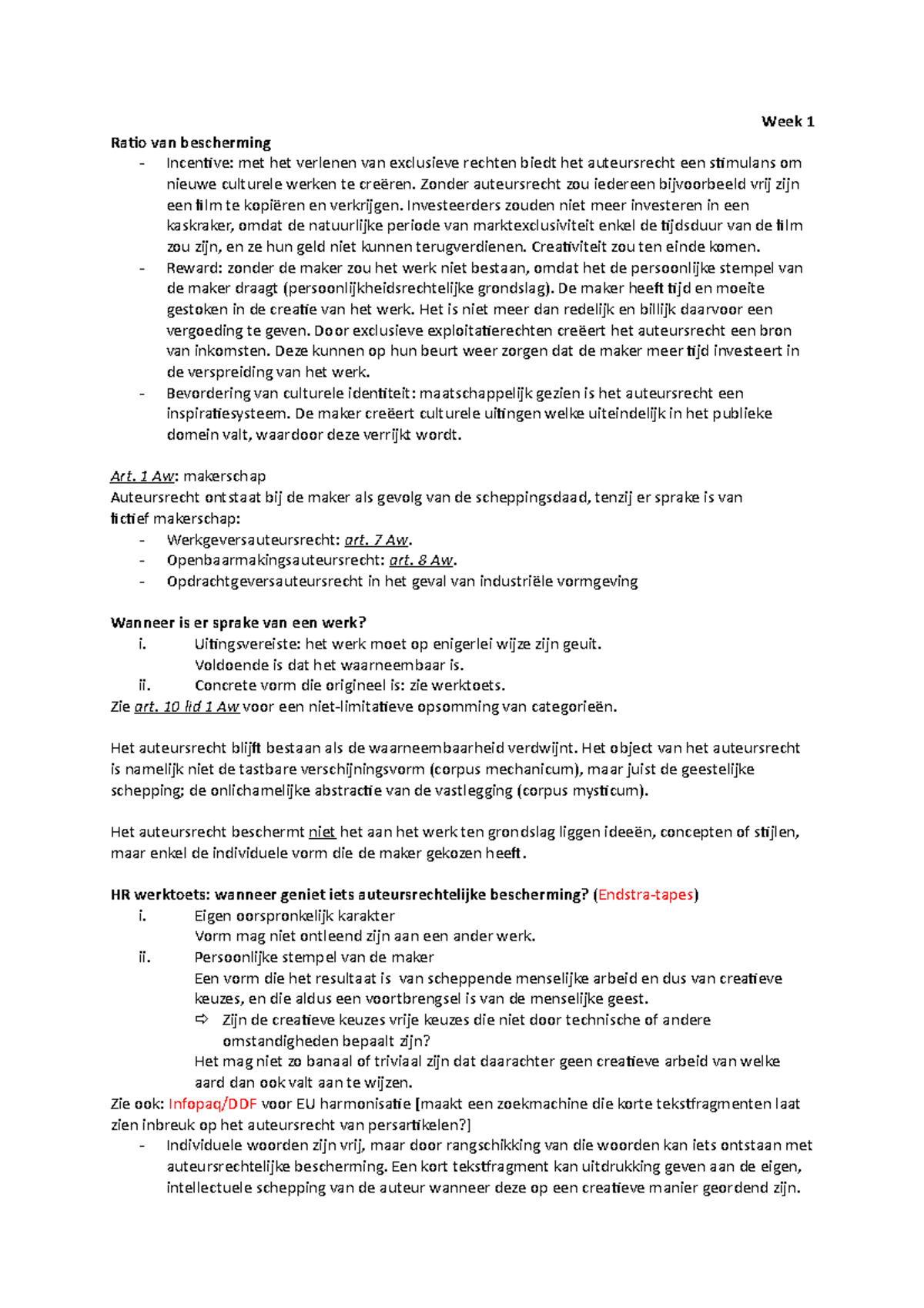 Week 1 Samenvatting: Auteursrecht en Creatieve Werken - Studeersnel