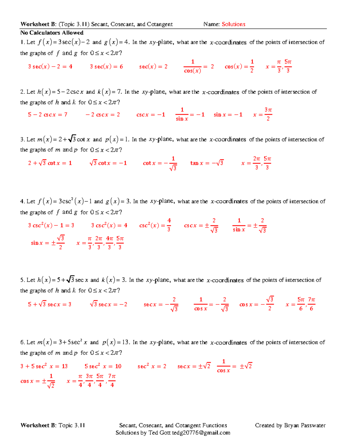 Worksheet B: Topic 3.11 Solutions for Secant, Cosecant, and Cotangent ...