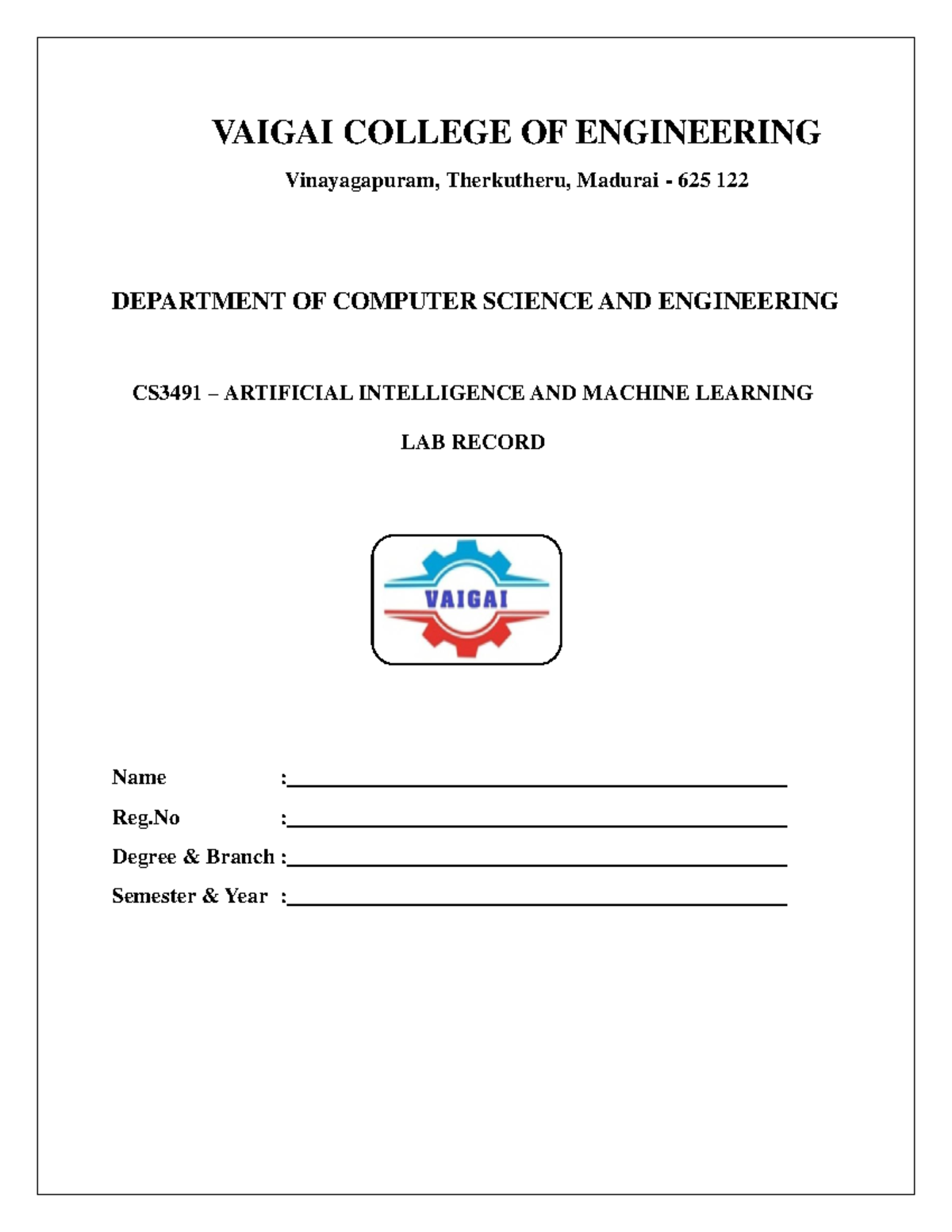 CS3491 AI & ML Lab Record: Implementation of Search Algorithms - Studocu