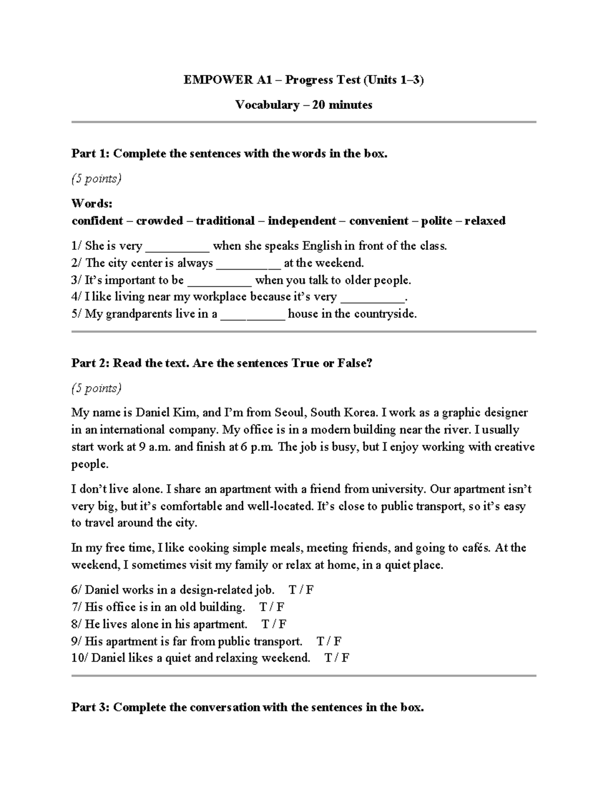 EMPOWER A1 Progress Test: Vocabulary & Grammar Review - Studocu
