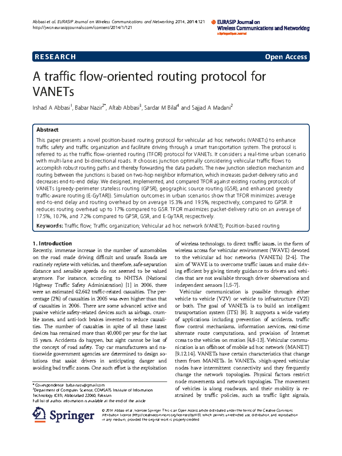 **Traffic Flow-Oriented Routing (TFOR) Protocol for VANETs: A Study ...