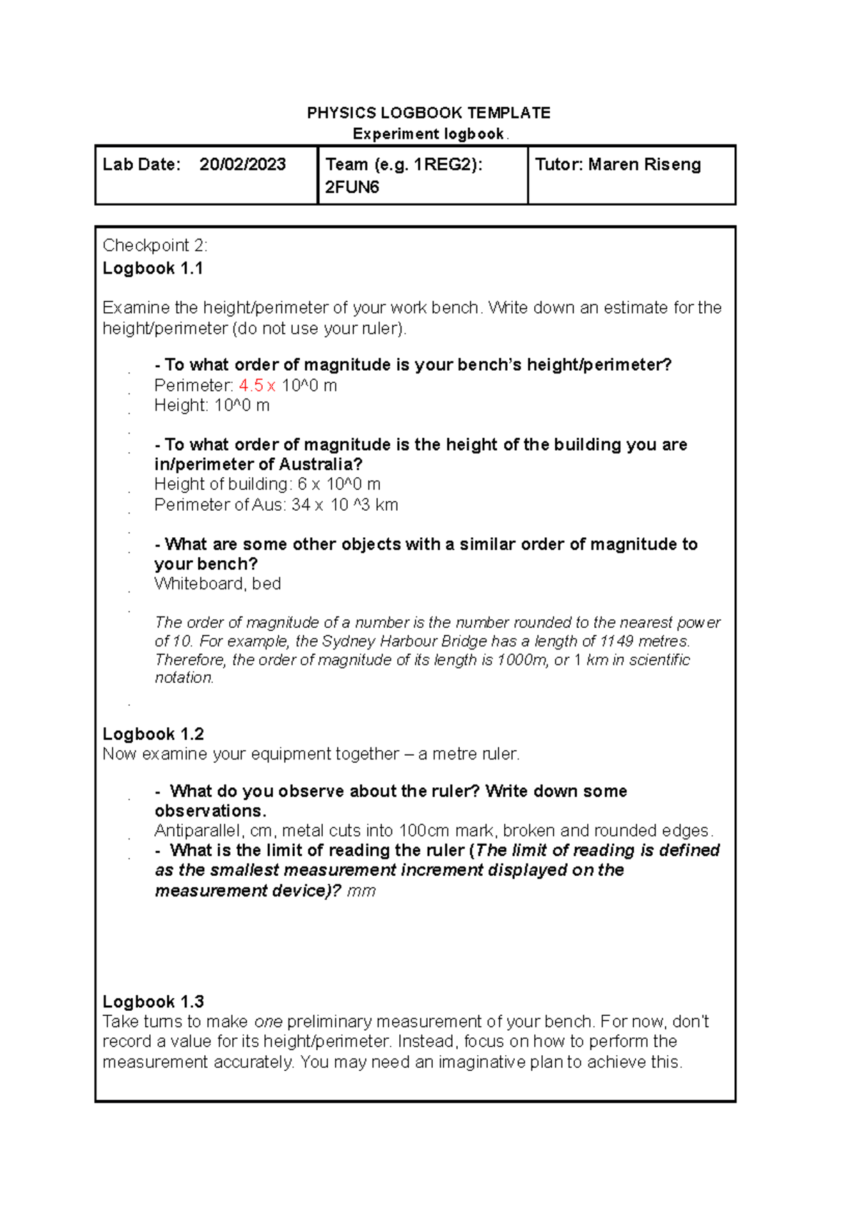 Physics Experiment Logbook for Physics 101: Measurements and ...