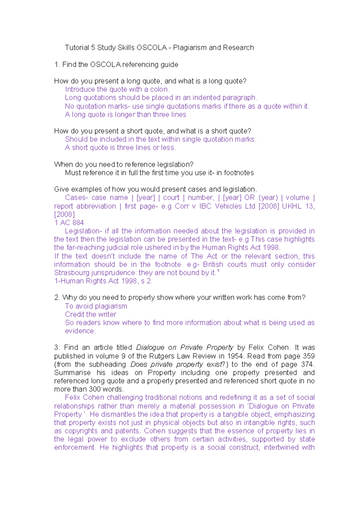 Tutorial 5 Study Skills: OSCOLA, Plagiarism & Research Insights - Studocu