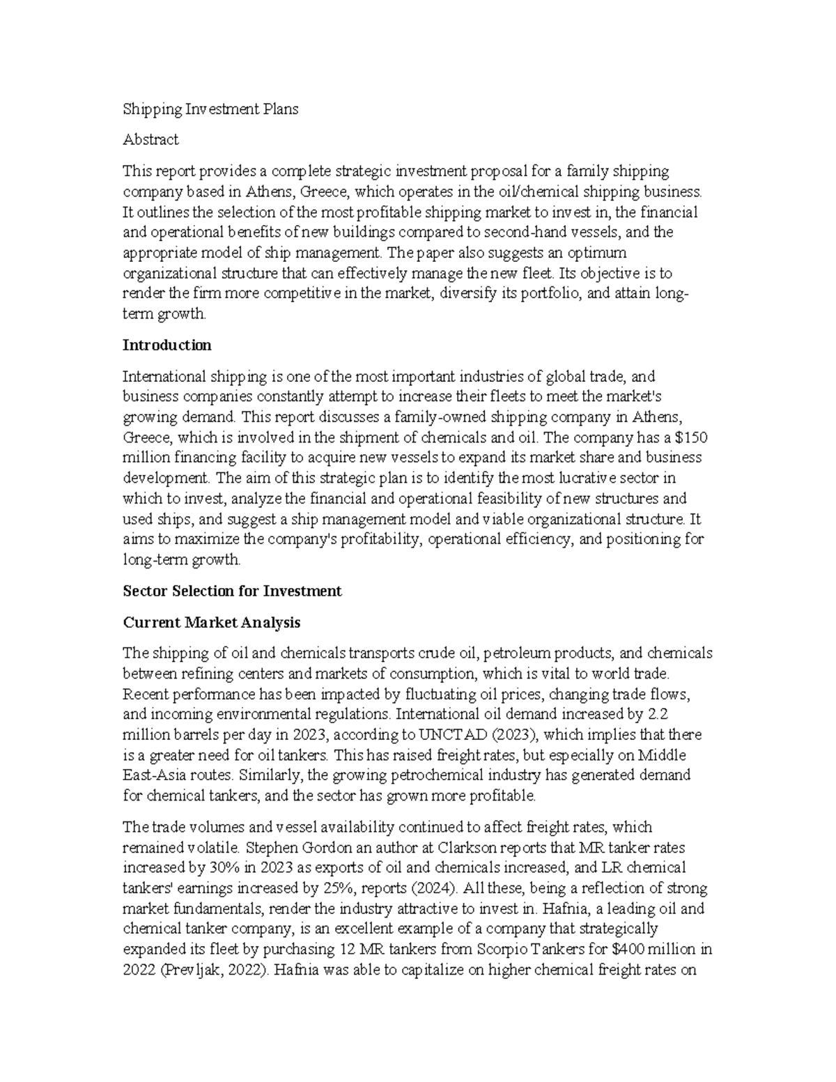 Shipping Investment Plan: Strategic Proposal for Fleet Expansion - Studocu
