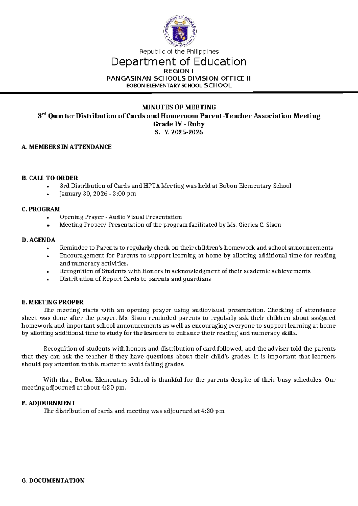 Grade IV Meeting Minutes: 3rd Card Distribution & HPTA Meeting - Studocu