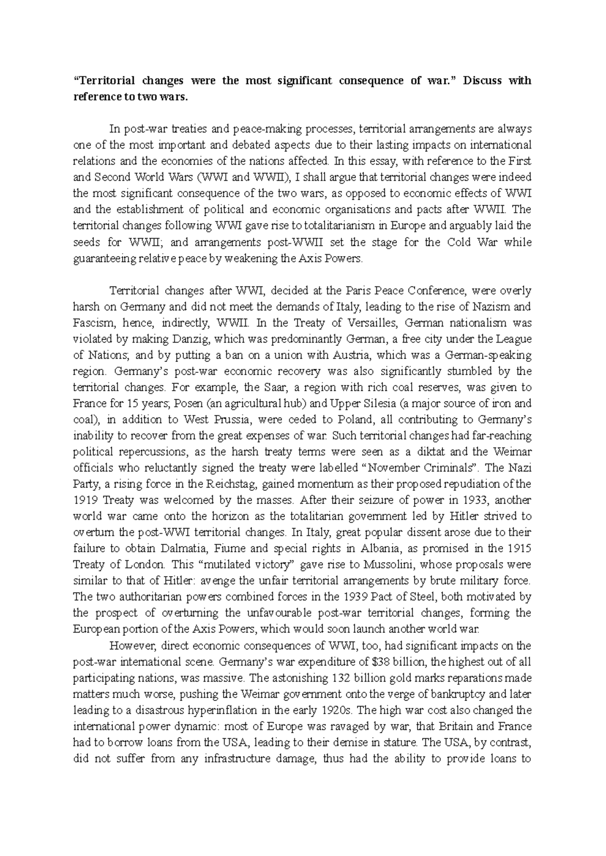 Territorial Changes in WWI & WWII: An Essay Analysis - Studocu