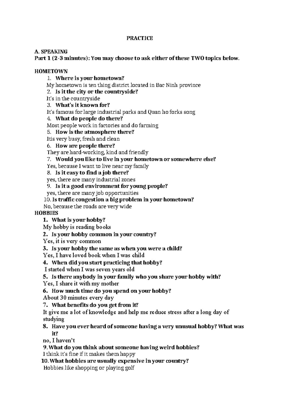 B1 - SPEAKING PRACTICE: Hometown, Hobbies, and More - Studocu