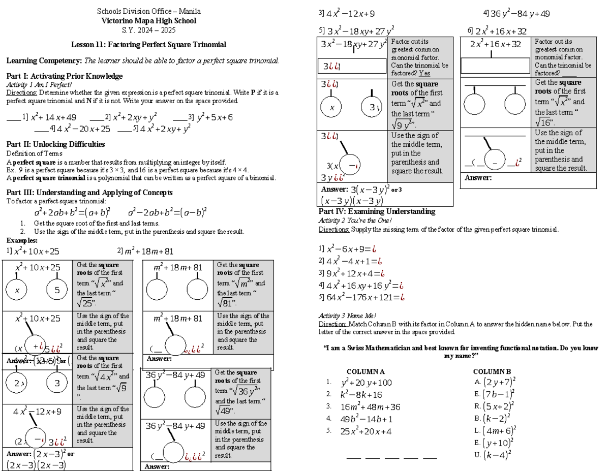 Factoring Perfect Square Trinomial - Lesson 11 Handout - Studocu