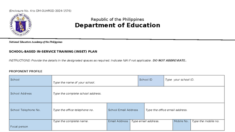 Enclosure No. 4: School-Based INSET Program Design Template - Studocu