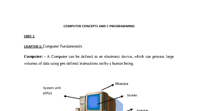 Complete C - Note - COMPUTER CONCEPTS AND C PROGRAMMING UNIT- CHAPTER-1 ...
