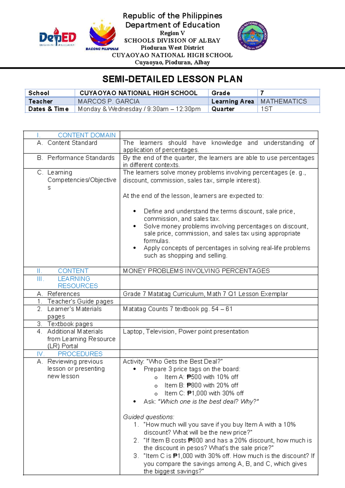 Grade 7 Math 1st Quarter Lesson Plan: Money Problems Involving ...