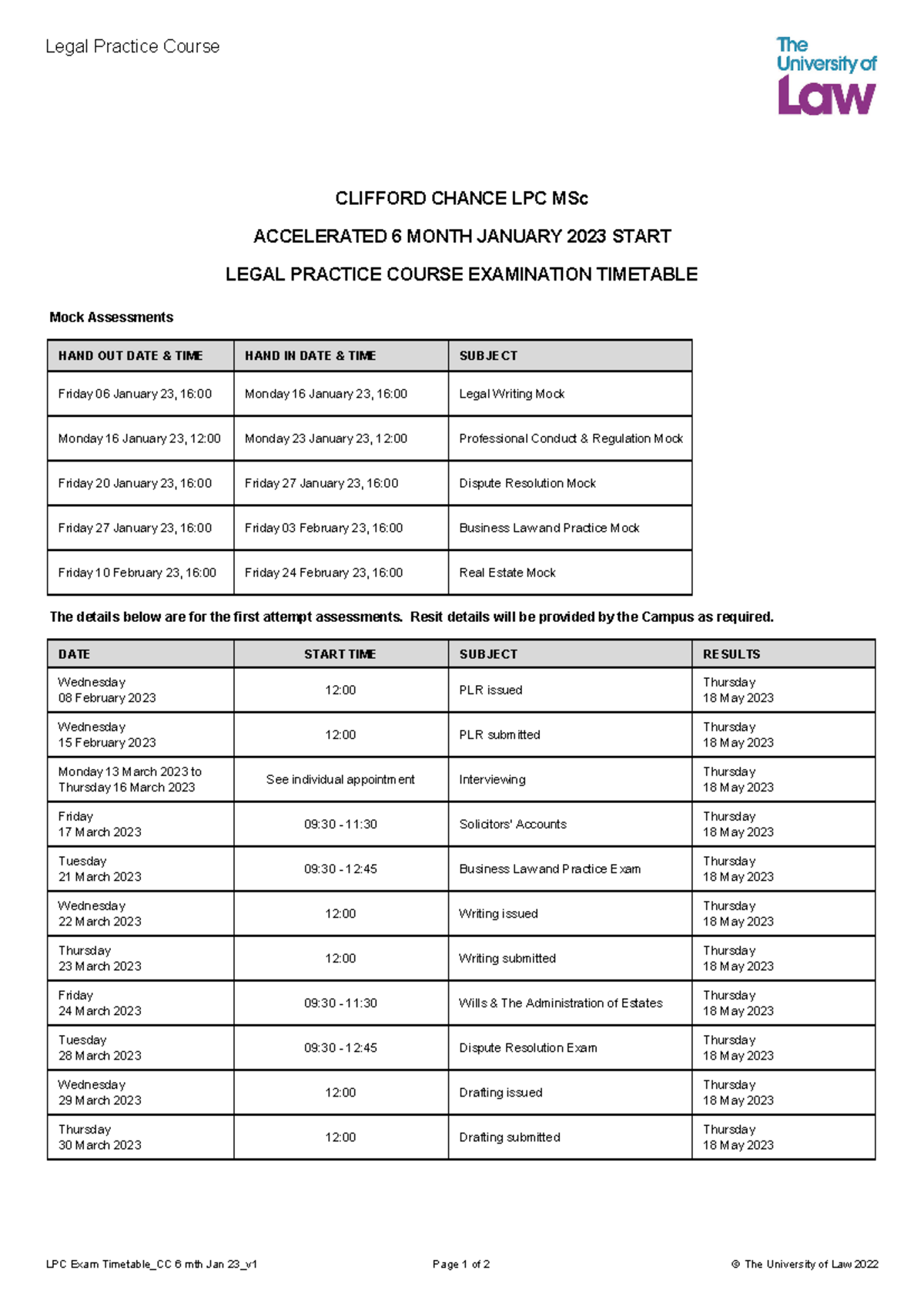LPC Exam Timetable CC 6 mth Jan 23 v1 - Legal Practice Course Mock ...