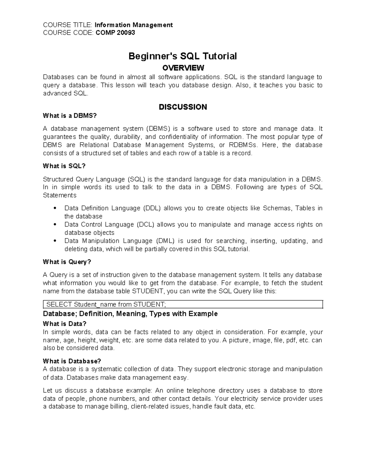 COMP 20093 SQL Tutorial: Understanding Databases and DBMS Concepts - Studocu
