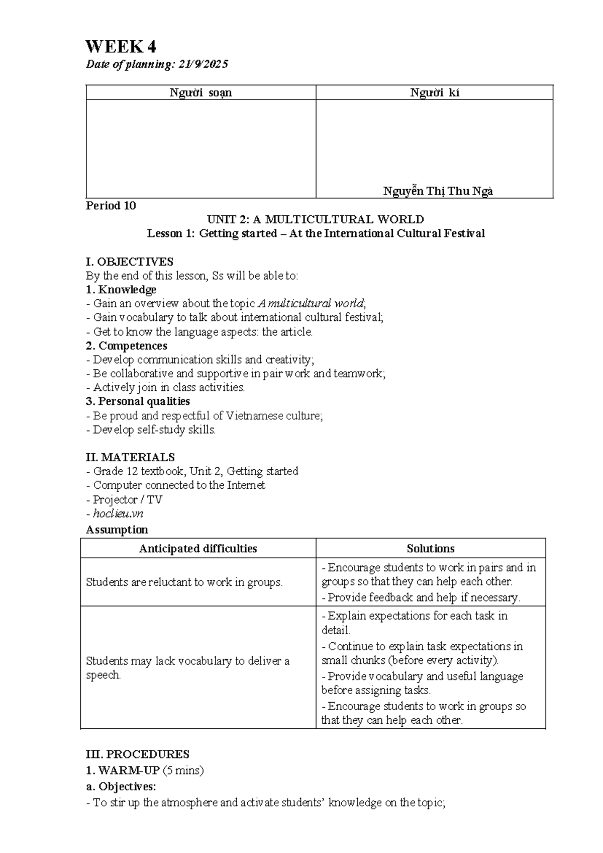 E12 - WEEK 4: UNIT 2 - A MULTICULTURAL WORLD Lesson Plans - Studocu
