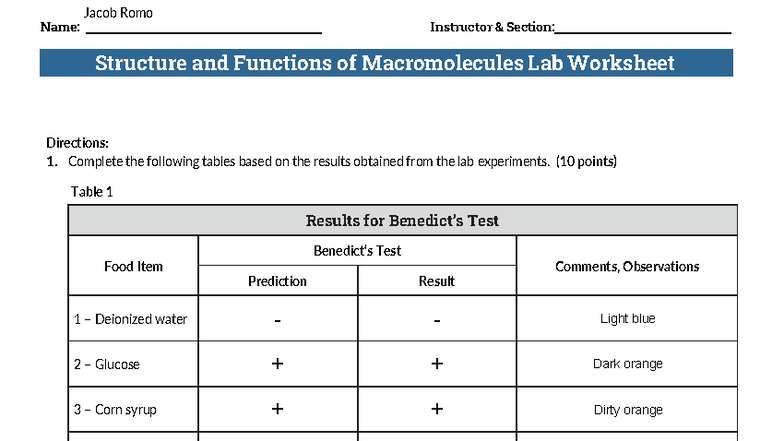 F25 Structure and Functions of Macromolecules Lab Worksheet - Studocu