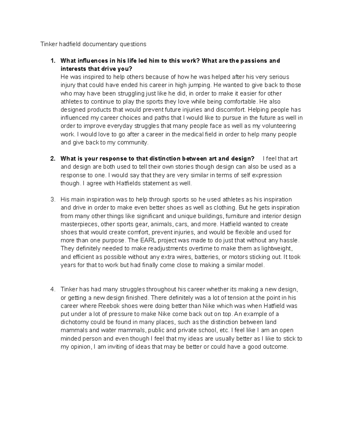Tinker Hatfield Documentary Analysis Questions - Studocu