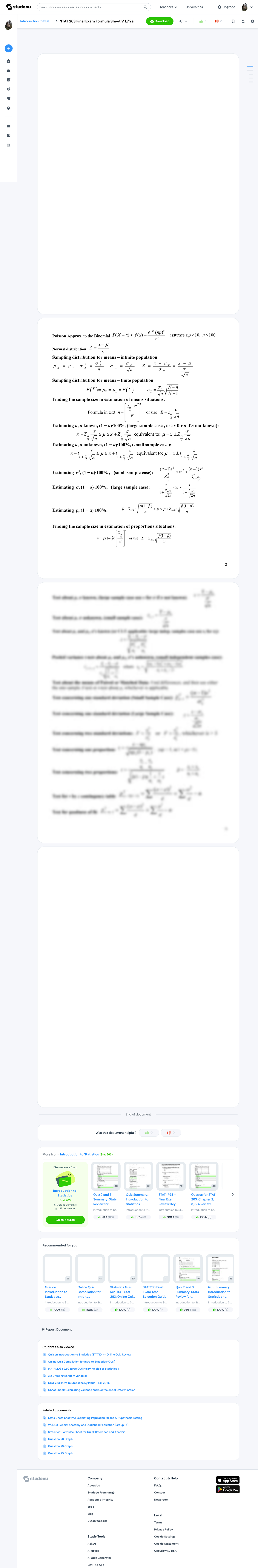 STAT 263 Final Exam Formula Sheet V 1.7.2a for Statistics - Studocu