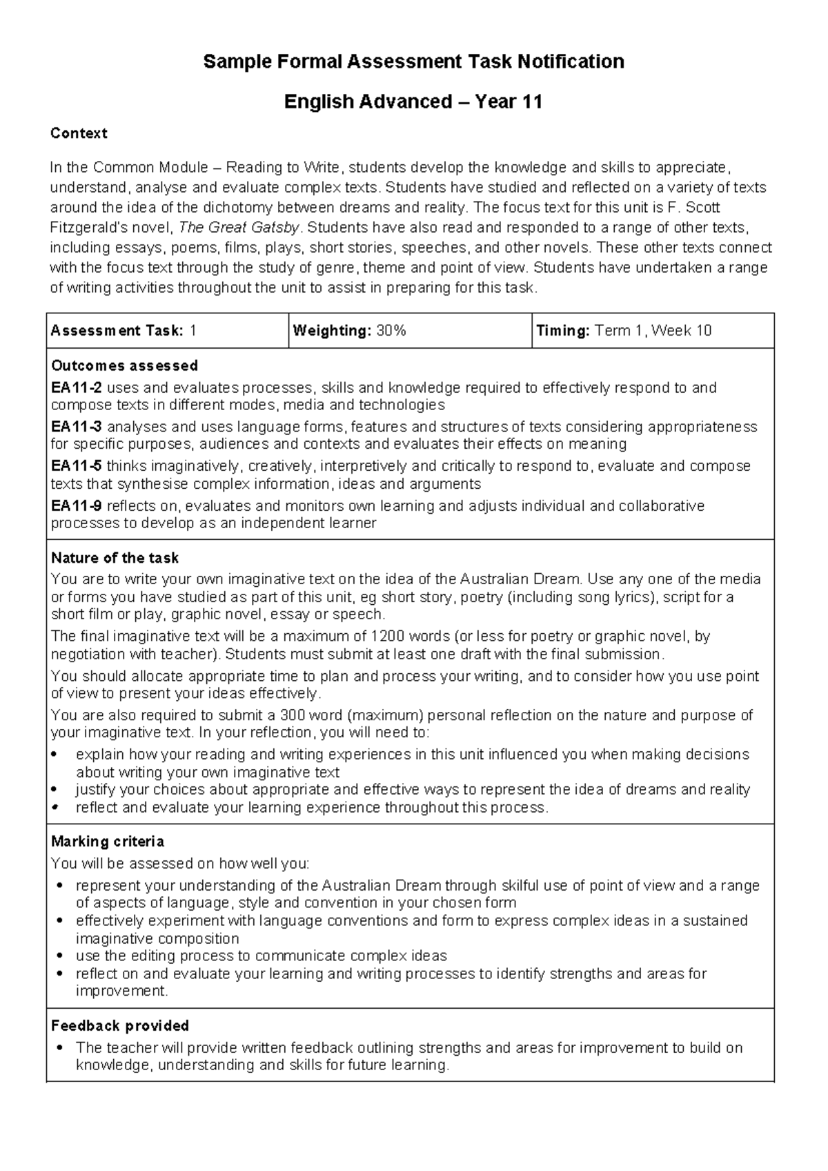 English advanced year 11 reading to write sample assessment task ...