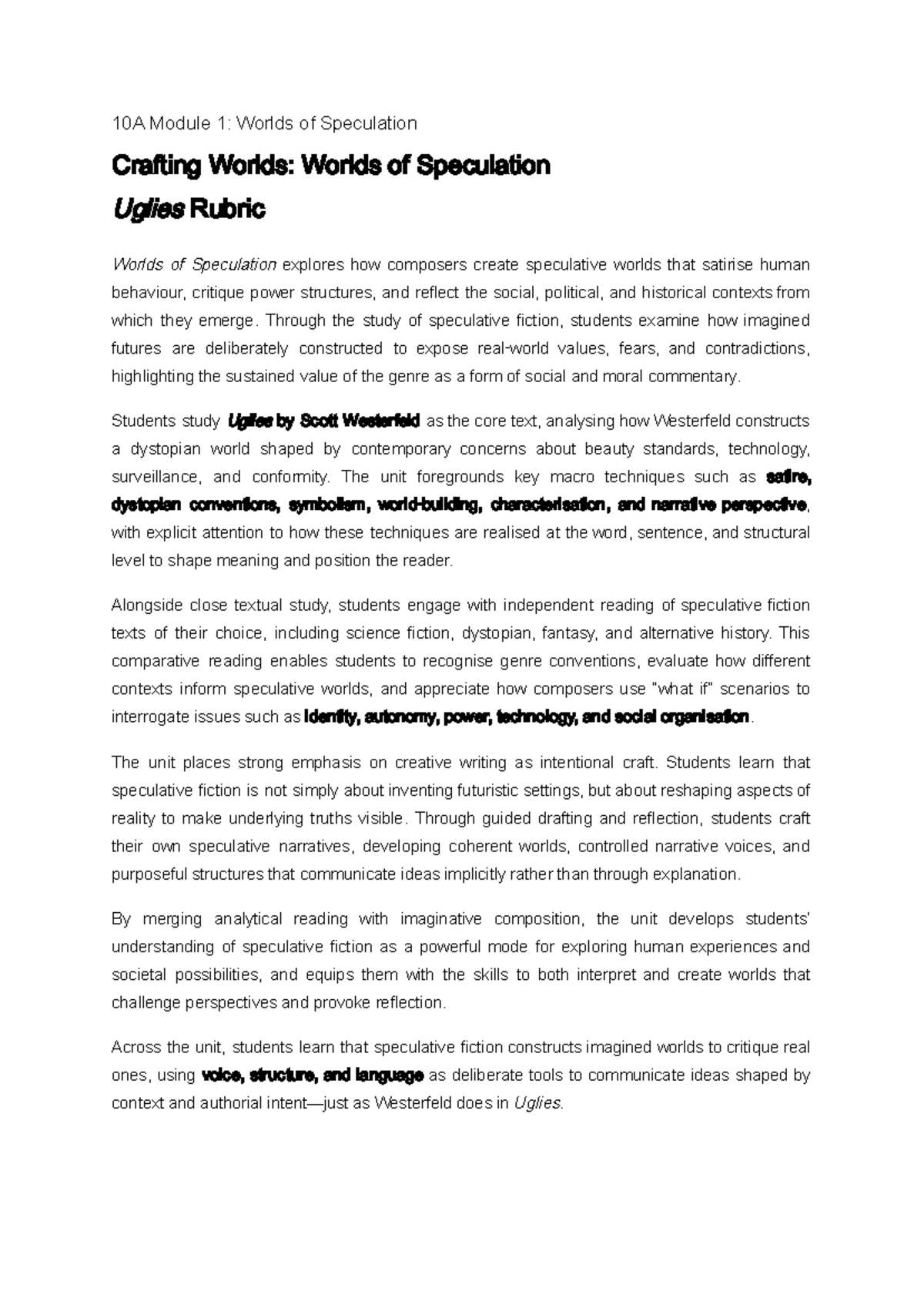 10A Module 1: Exploring Speculative Worlds in Uglies - Studocu