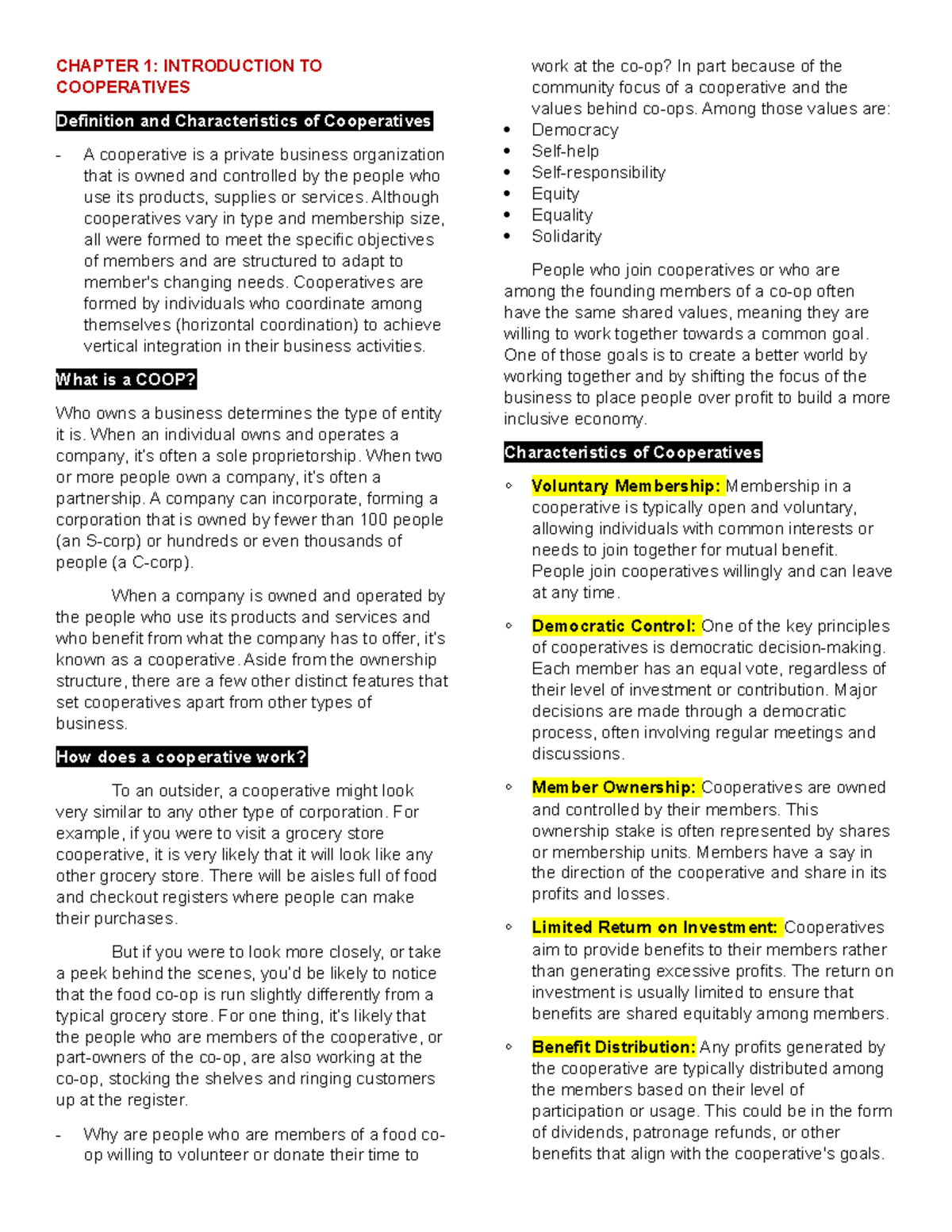 Chapter 1 notes (introduction to cooperatives) - CHAPTER 1 ...
