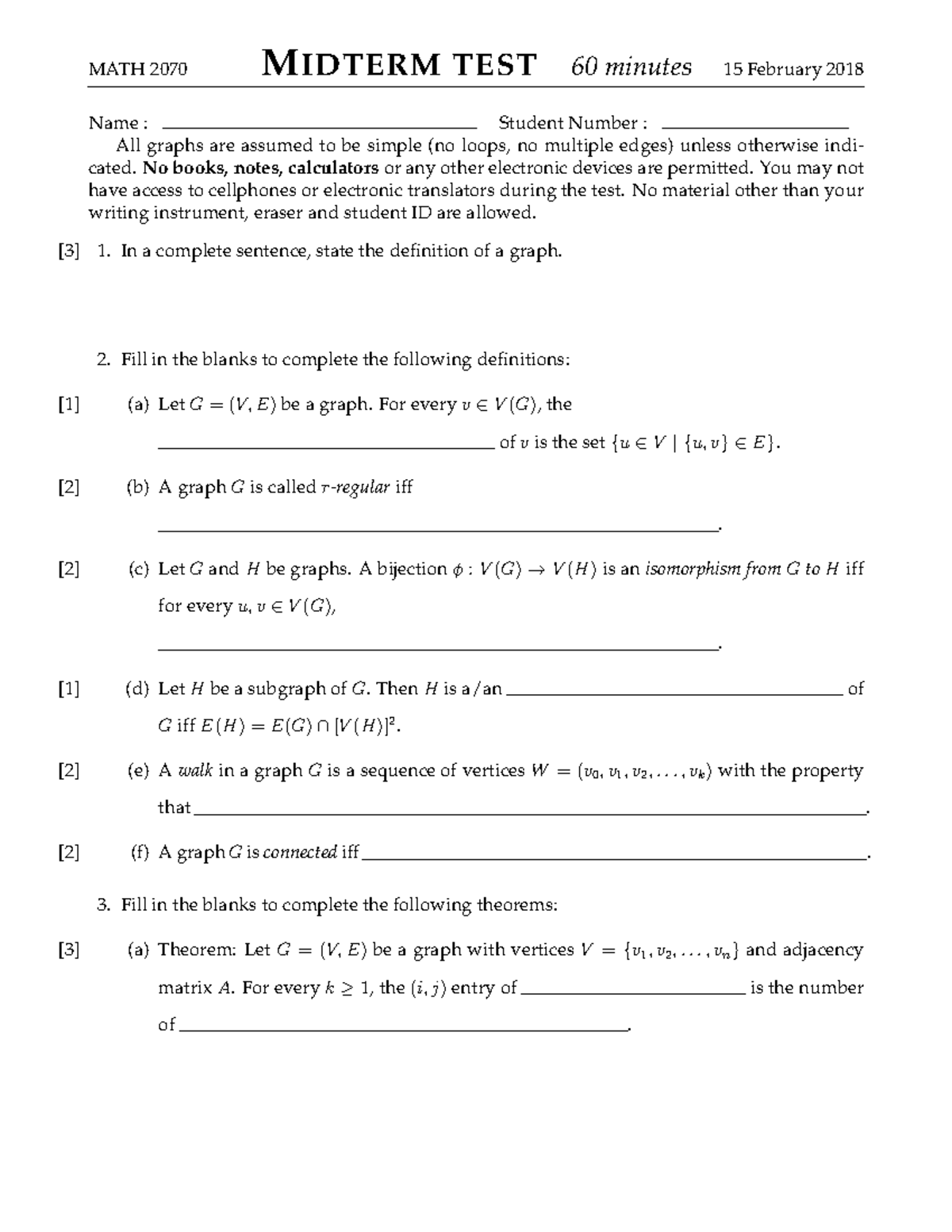 MATH 2070 Midterm Exam - Graph Theory Concepts and Theorems - Studocu