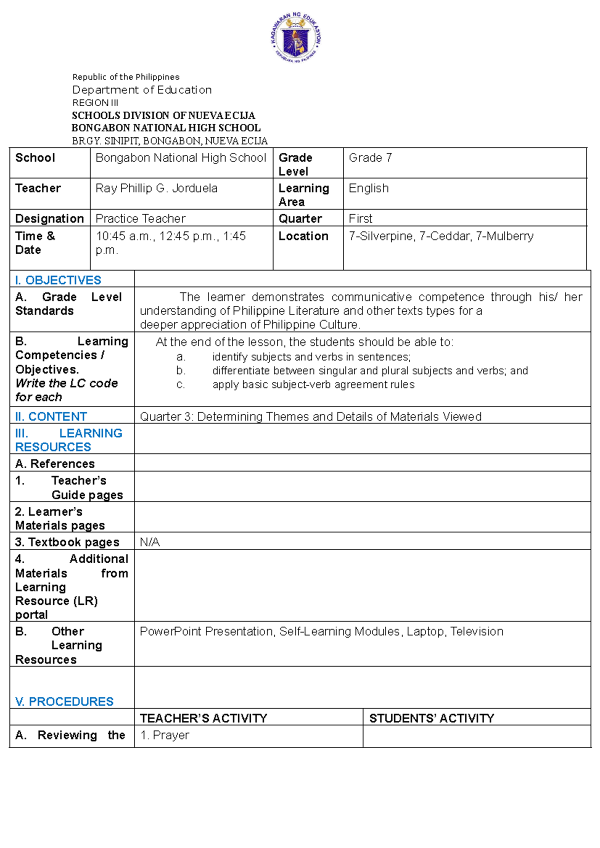 LP Sample - Identifying Themes & Verbs in English Literature Materials ...