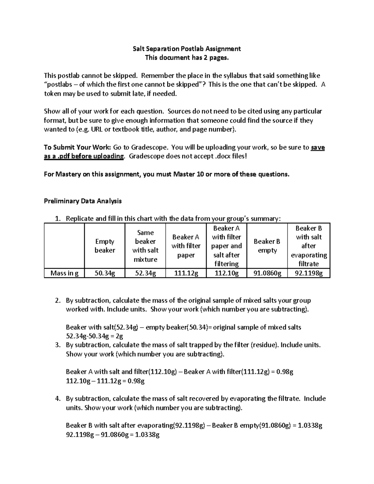 Salt Separation Postlab Assignment (CHEM 101) - Studocu