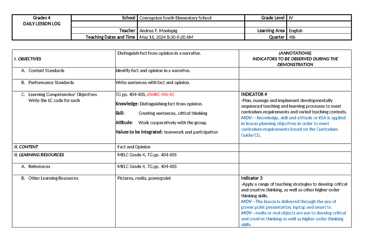 COT Lesson Plan: Distinguishing Fact from Opinion for Grade 4 - Studocu