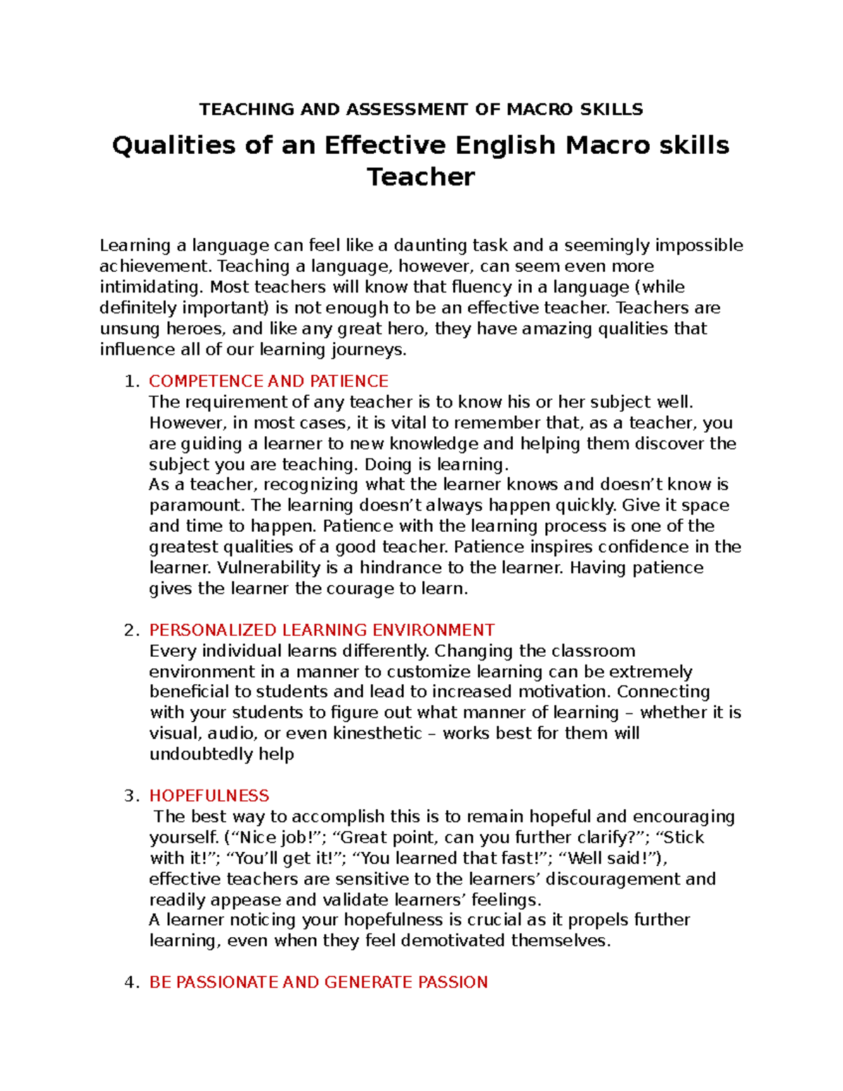 Teaching AND Assessment OF Macro Skills Qualities of an Effective ...