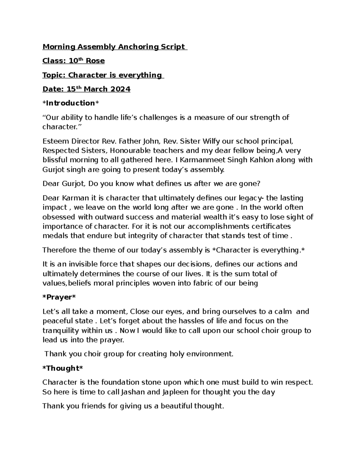 Anchoring Script for Morning Assembly: Character is Everything - Class ...